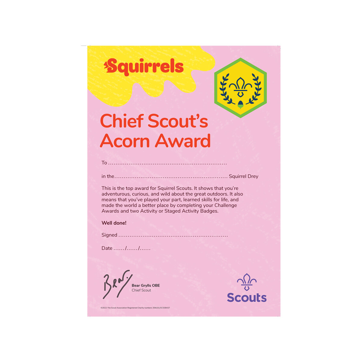 Squirrels Chief Scout's Acorn Award Certificate - Pack of 10 | Scout Store
