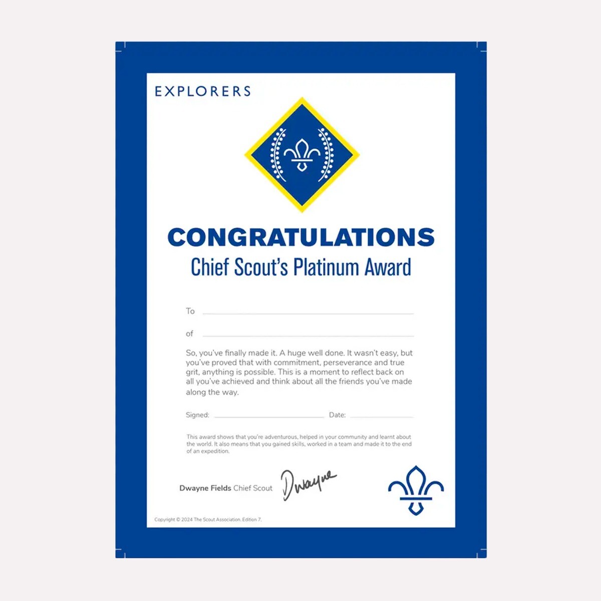 Chief Scout's Platinum Award Certificate - Pack of 10