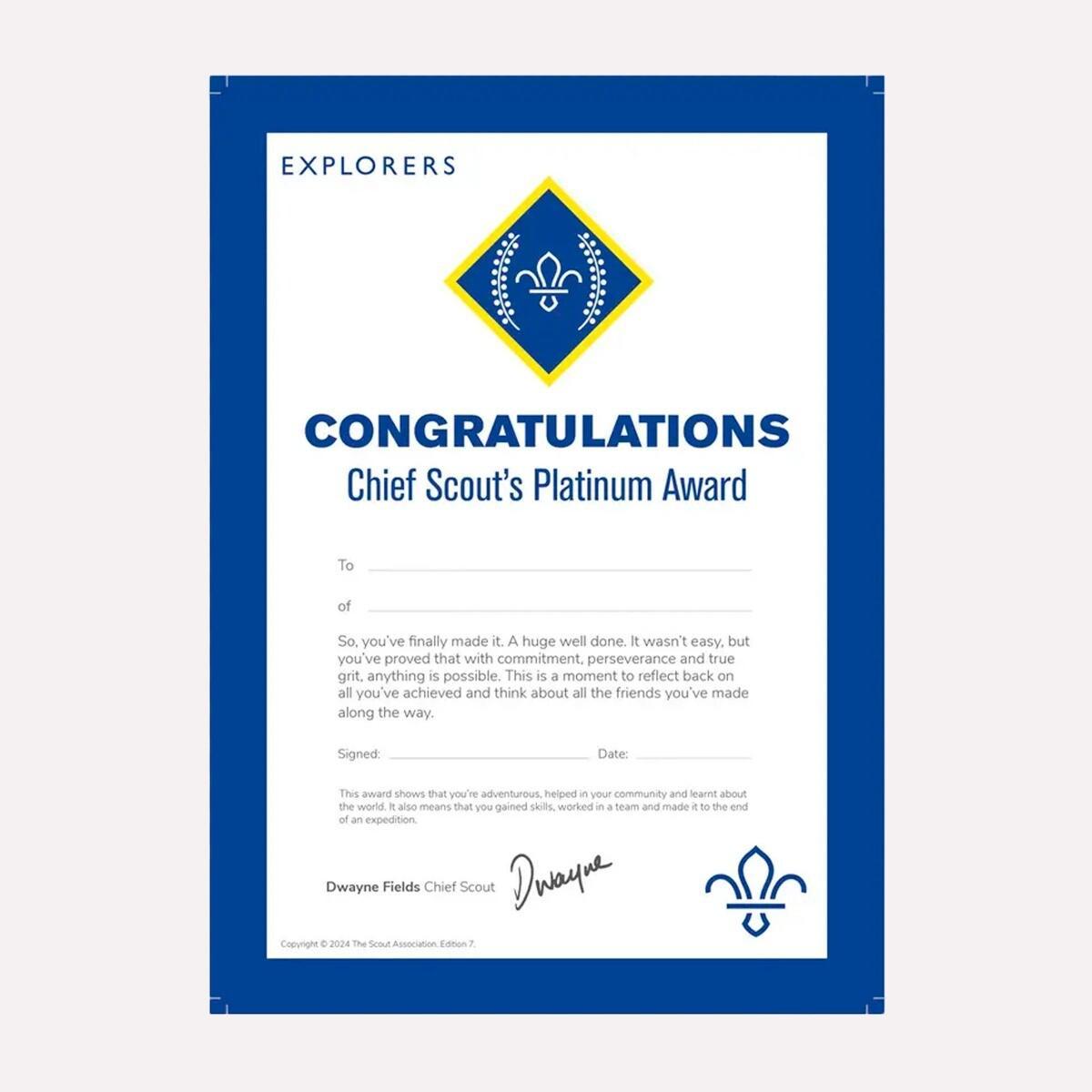 Chief Scout's Platinum Award Certificate - Pack of 10