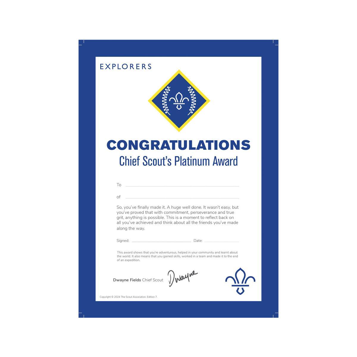 Chief Scout's Platinum Award Certificate - Pack of 10
