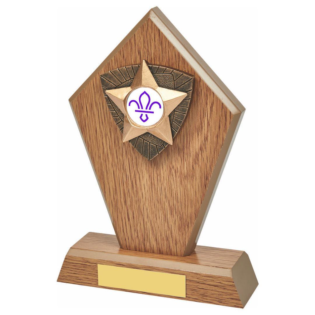 Wooden Star Award Trophy with Scouts Logo 17.5cm