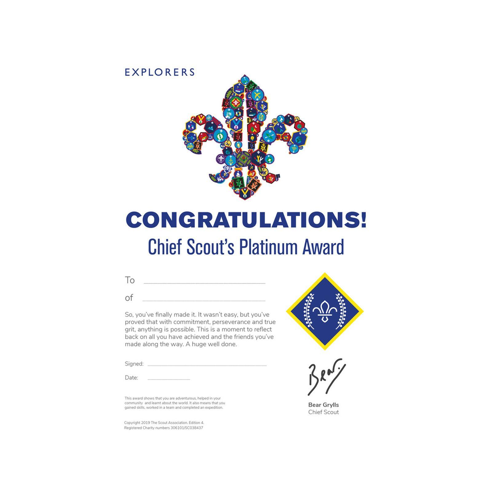 Chief Scout's Platinum Award Certificate - Pack of 10