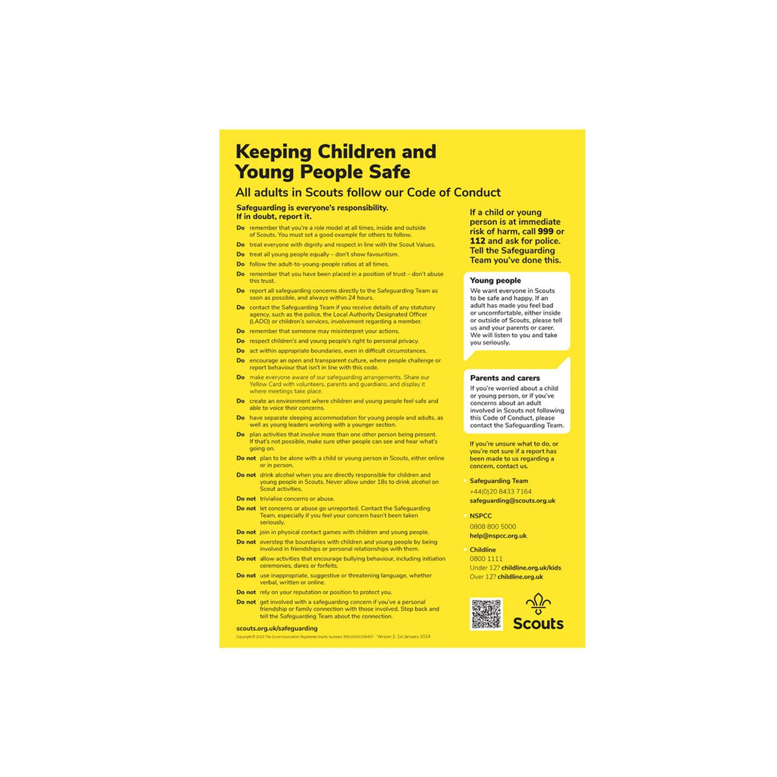 Scouts Yellow Card Poster - Safeguarding Code of Conduct for Adults