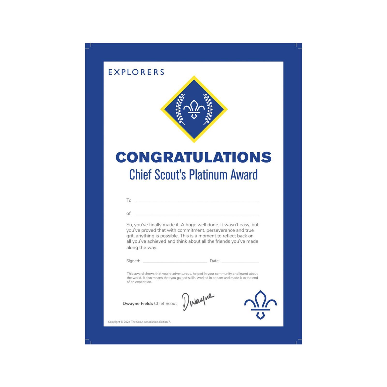 Chief Scout's Platinum Award Certificate - Pack of 10