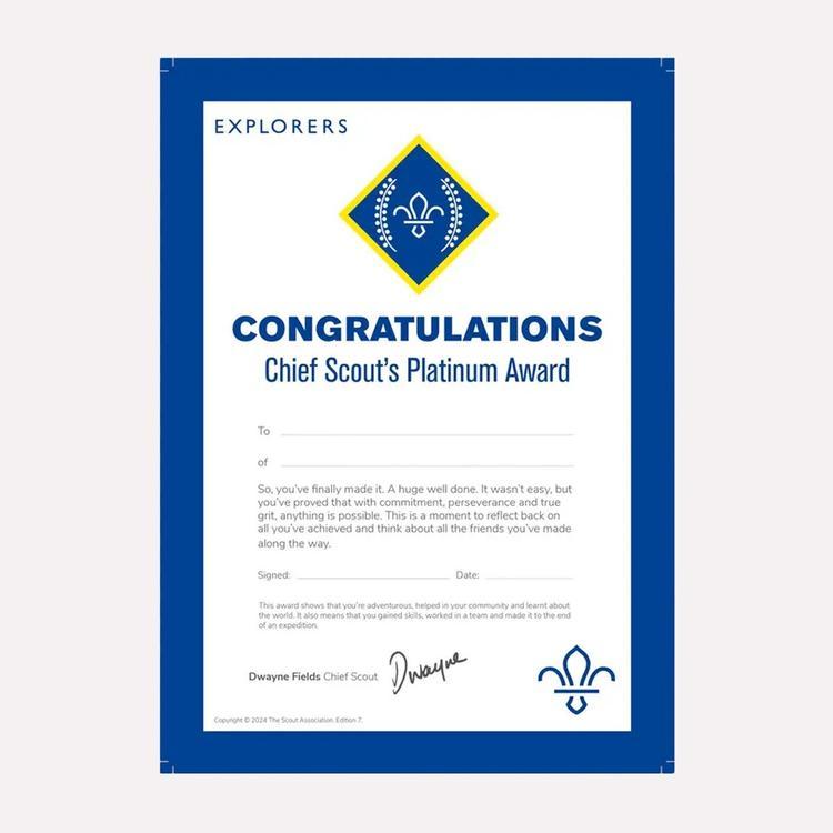 Chief Scout's Platinum Award Certificate - Pack of 10